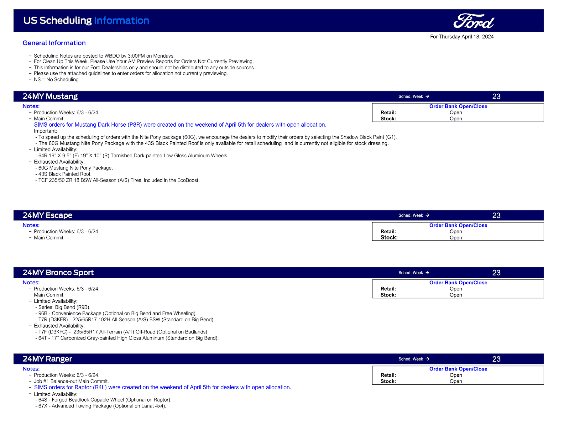 2024 Maverick Scheduling This Week (4/18/24) for Production Weeks 6/3 ...