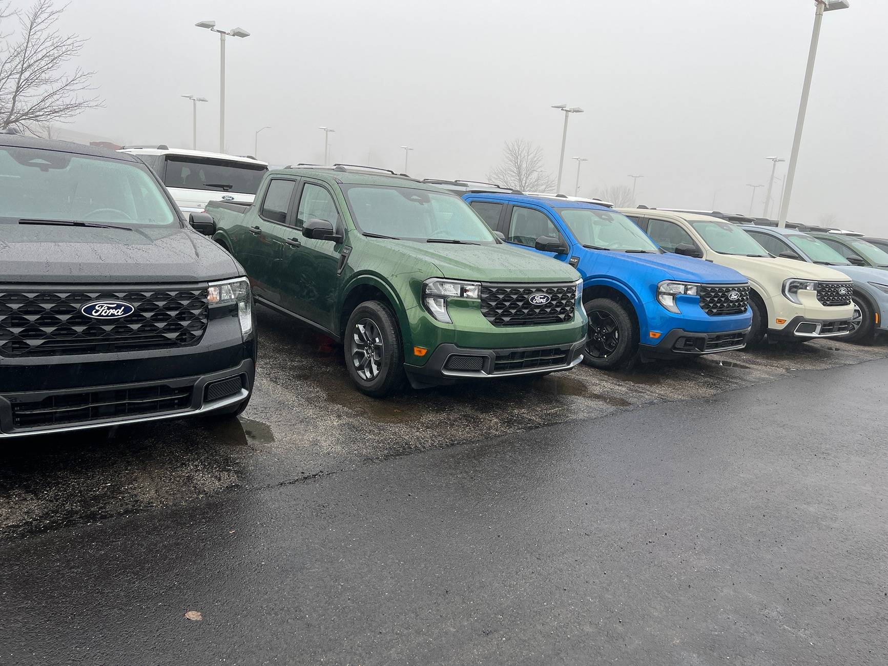Four 2025 Maverick colors on dealer lot: Desert Sand, Velocity Blue ...