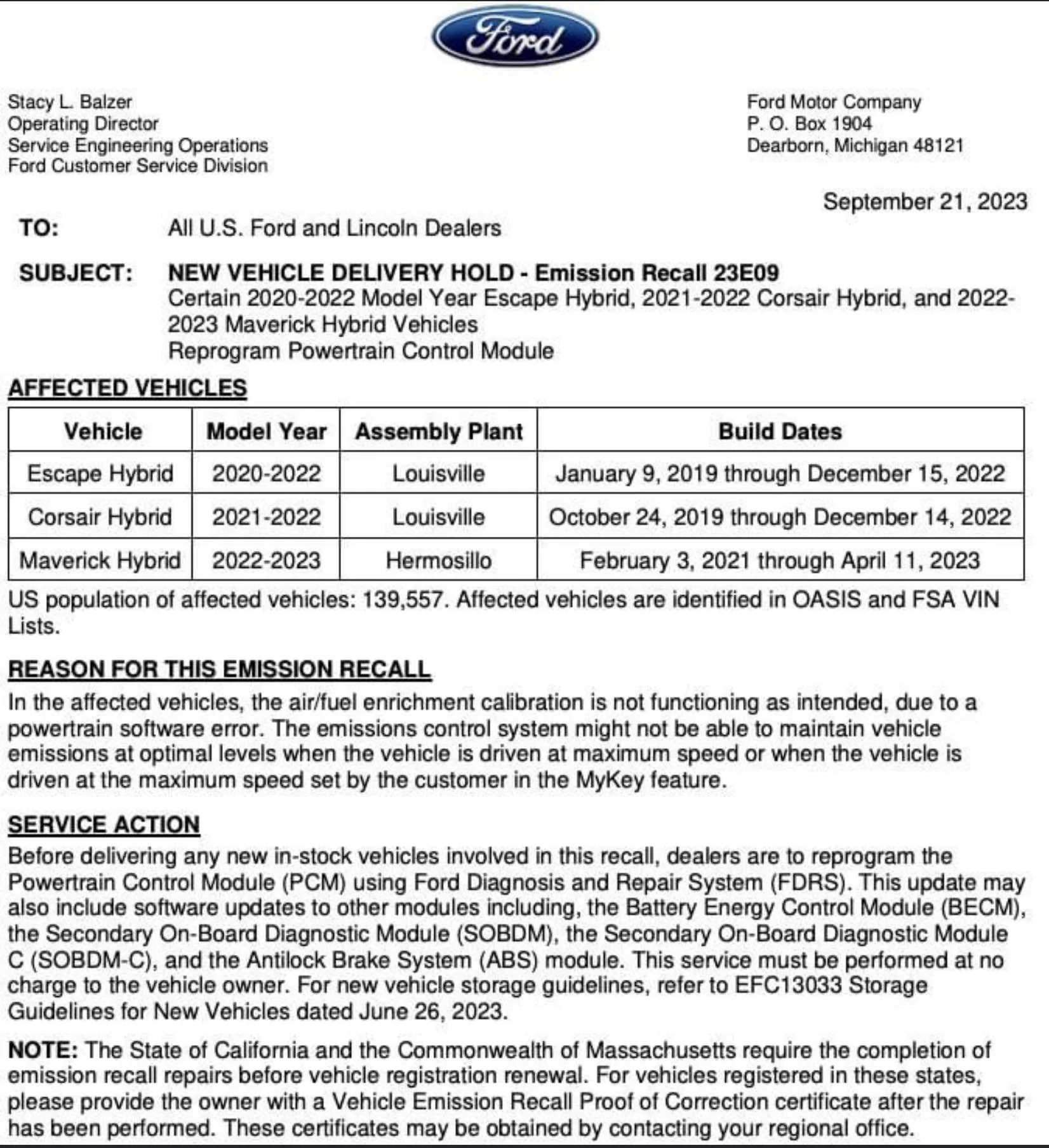 2023 Maverick Emissions Recall 23E09 (Air/Fuel Enrichment Calibration ...