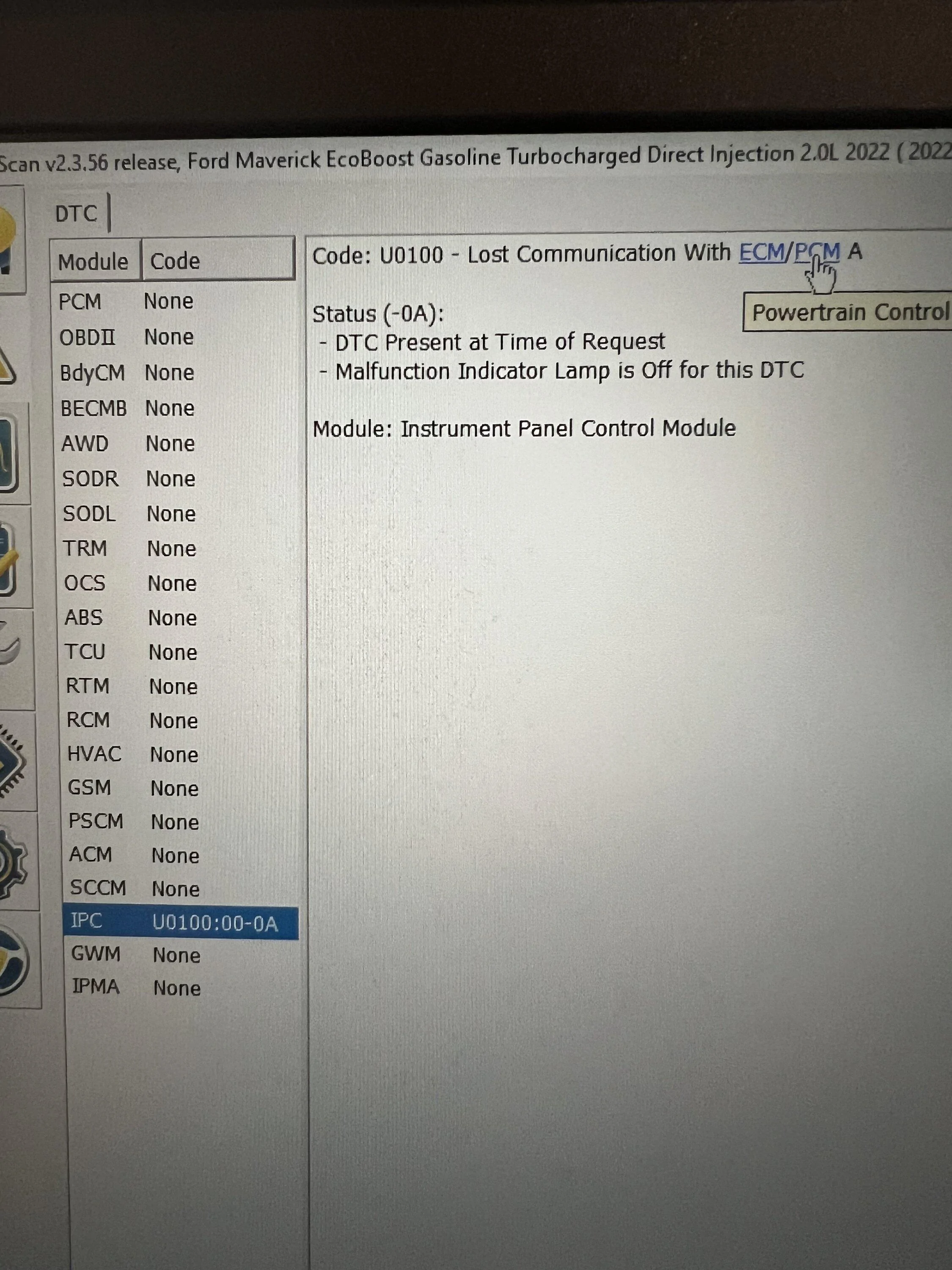 DTC U0100 Ford Escape Digital Cluster On Ford Maverick