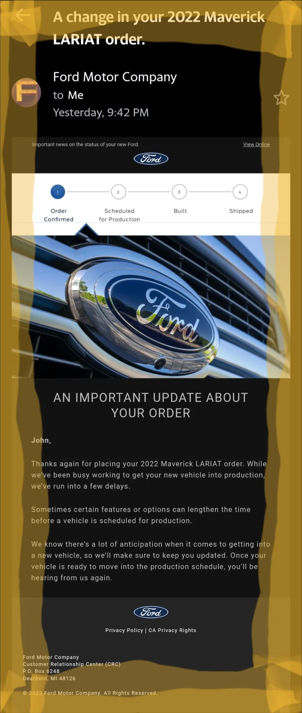 Ford sends out (blanket spam) email -- "An Important Update About Your ...