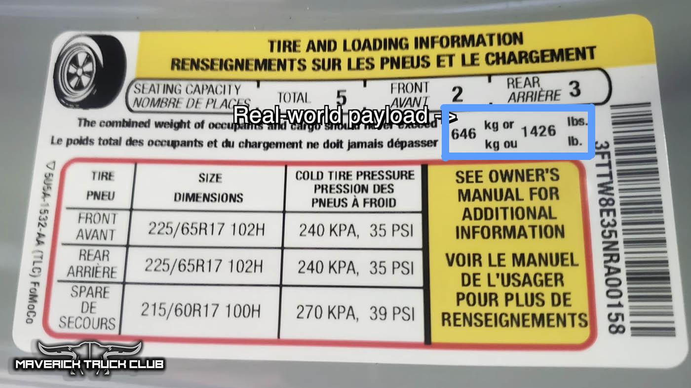 Maverick Hybrid XLT Payload Rating is ~ 1426 Lbs (per captured yellow ...