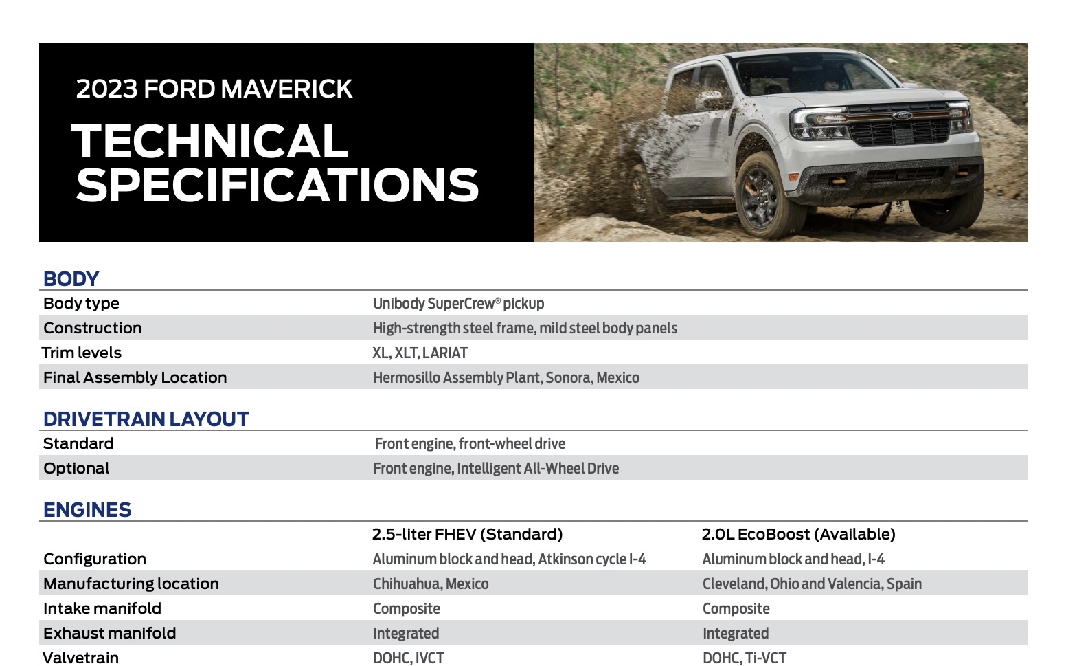 2023 Maverick Technical Specifications posted [PDF] | MaverickTruckClub - 2022+ Ford Maverick ...