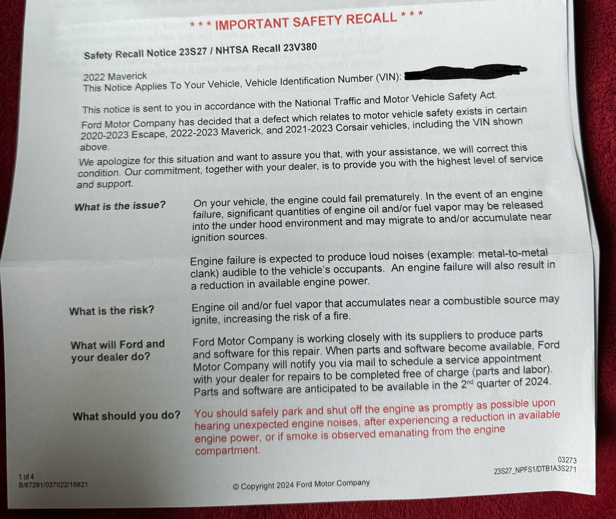 Ford Maverick Hybrid Engine Failure/Fire Update Recall Letter (Received ...